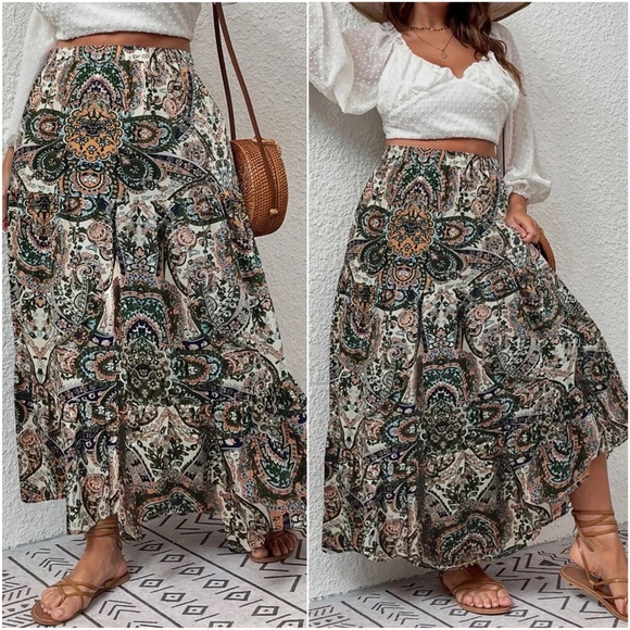Skirts | Boho Floral Paisley Print Ruffle Maxi Skirt | Poshmark